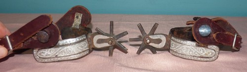 Antique Mexican Short Shank Iron Spurs w Silver Inlay, Cowboy Spur 2 1/ ...