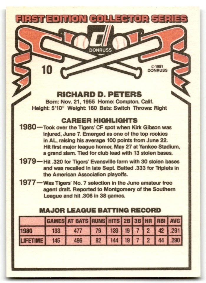1981 Donruss Ricky Peters Rookie Detroit Tigers #10 | eBay