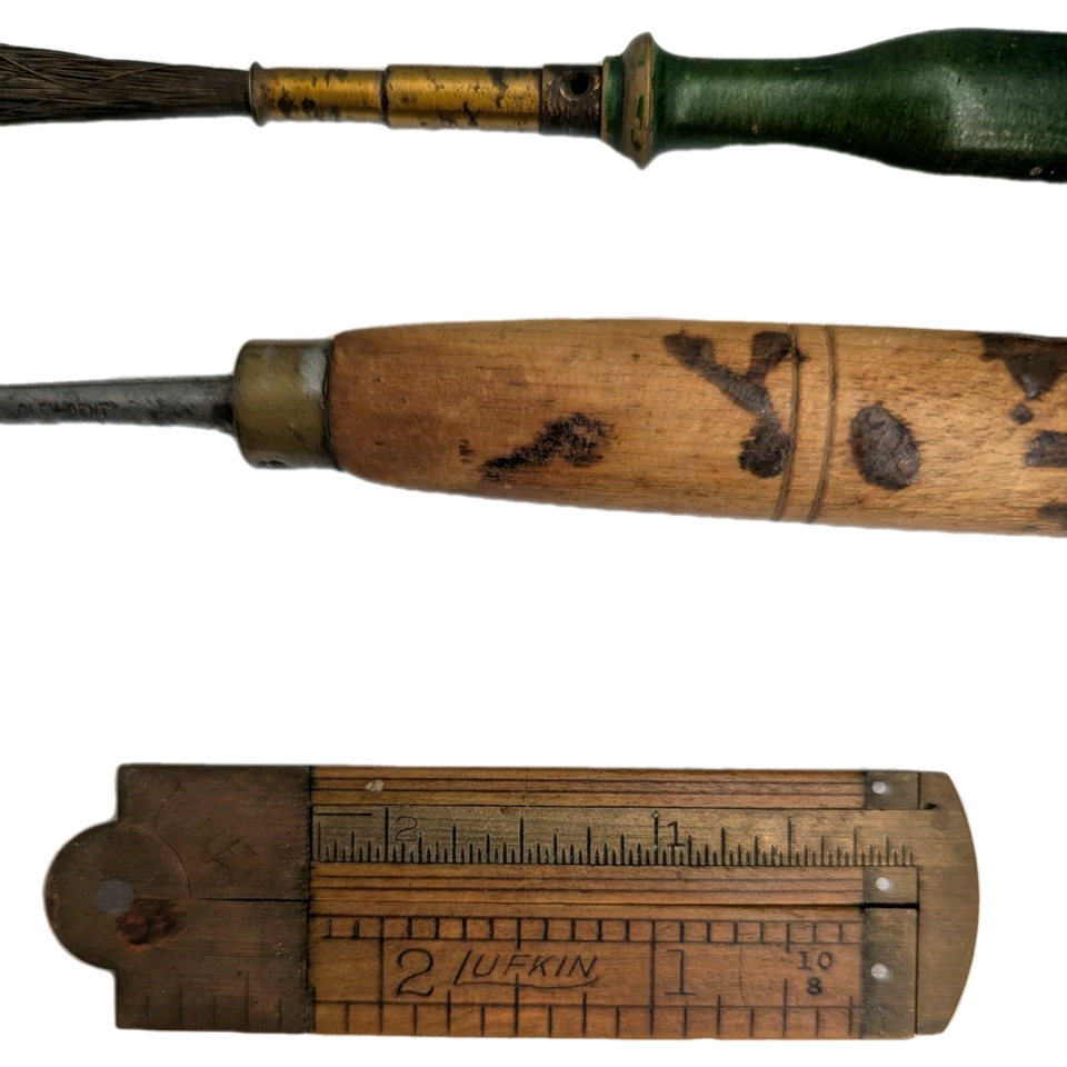 Vintage Wooden Handle Nice Hand Tool Lot: Folding Ruler, Hammer, Wire ...