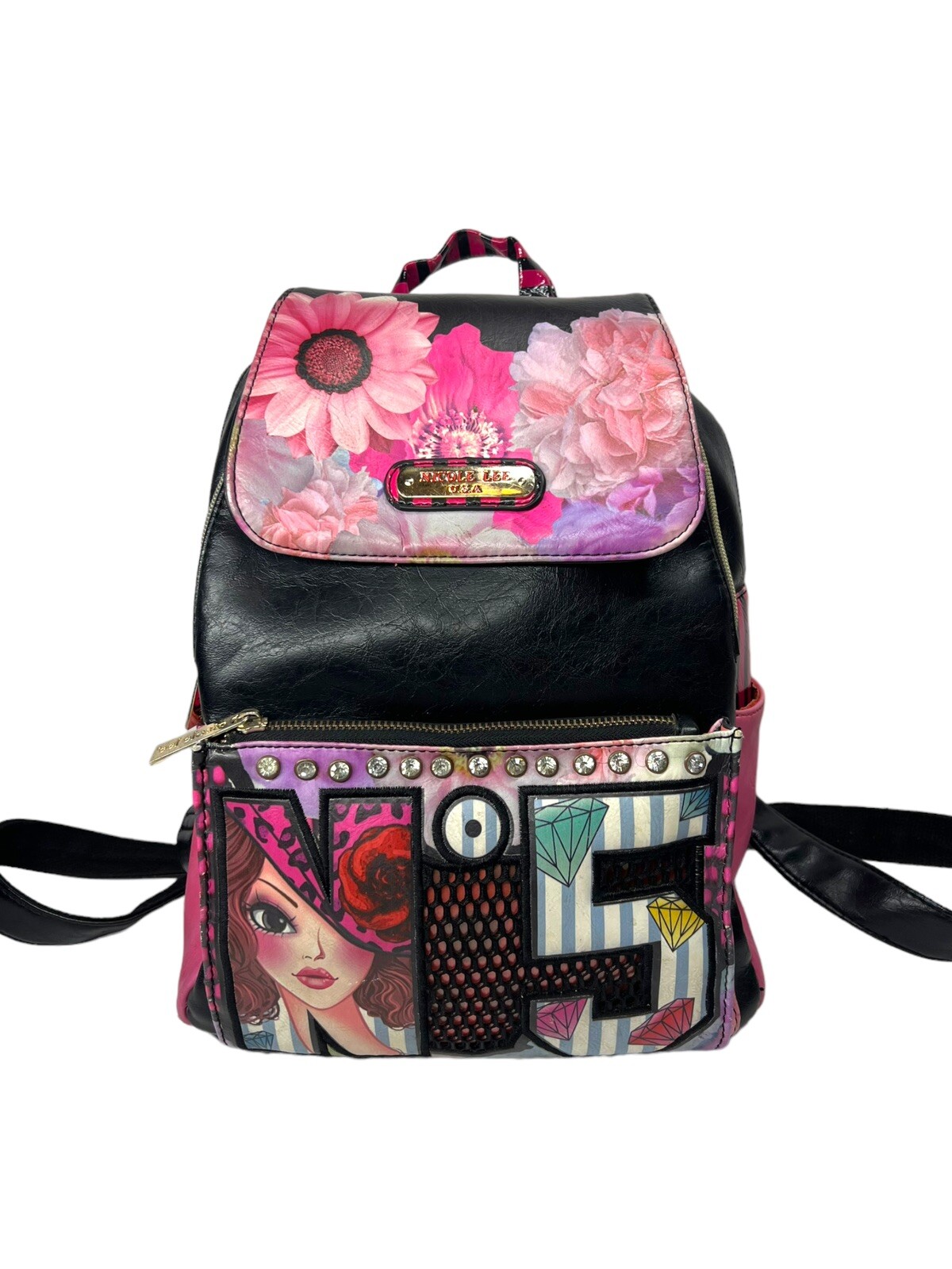 NICOLE LEE No. 5 Backpack Purse Black & Pink Bling Fa… - Gem