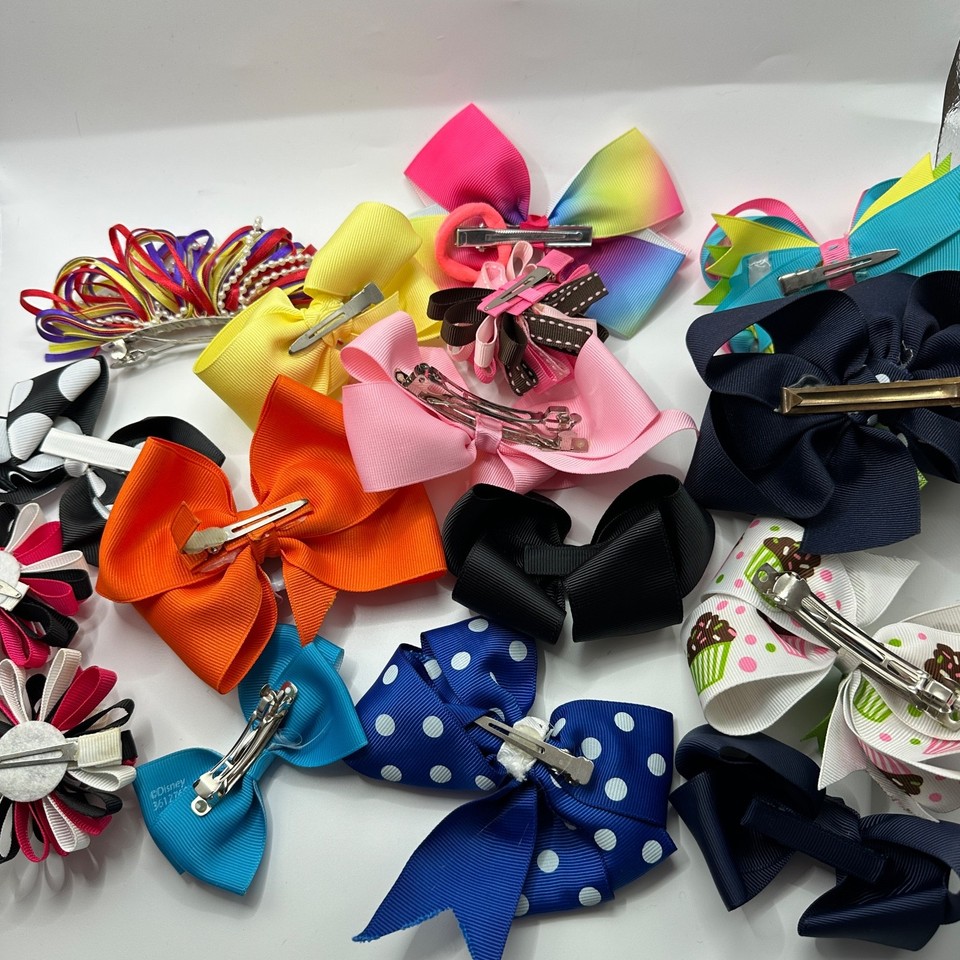 Lot of 16 Girls Hair Bows Clip On Multicolor Grossgrain Ribbon Cheer ...