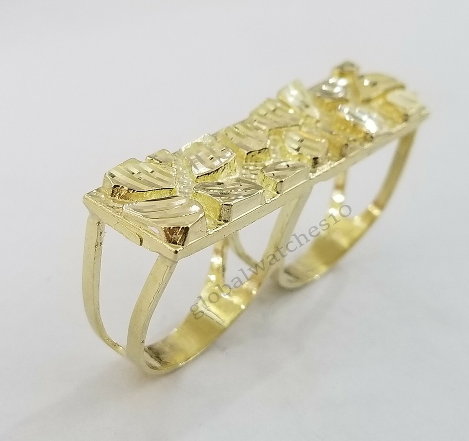 10k Yellow Gold Nugget Two Finger Men Ring Diamond Cut Design Double ...