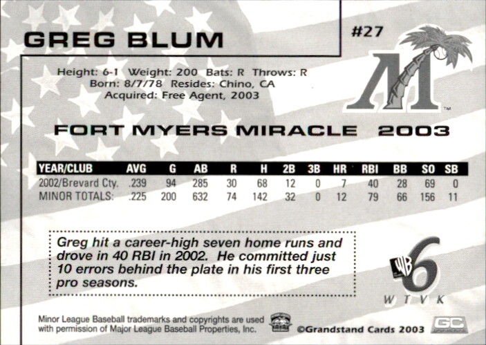 2003 Fort Myers Miracle Grandstand #9 Greg Blum Chino California Baseball Card | eBay