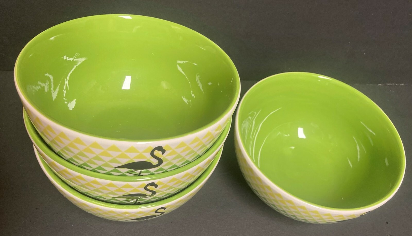 Ceramic Bowl Set (4) Flamingo Green & Yellow Design 6" Serving Dish ...
