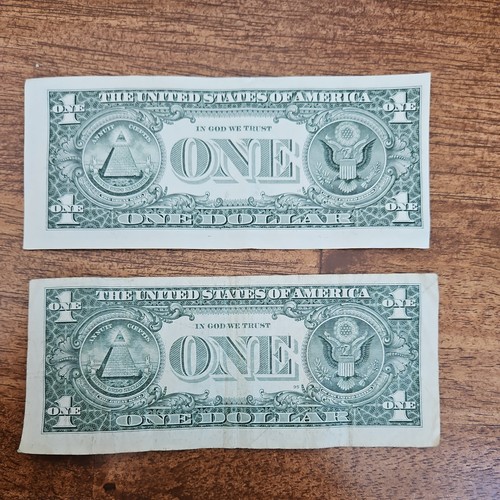 Lot of 2 - $1 ONE US DOLLAR BILL NOTE MISCUT MISALIGNED OFF CENTER ...