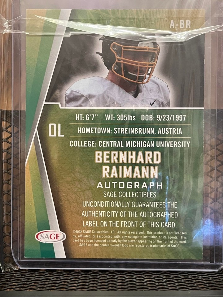BERNHARD RAIMANN 2022 SAGE HIT CENTRAL MICHIGAN ROOKIE AUTOGRAPH AUTO ...