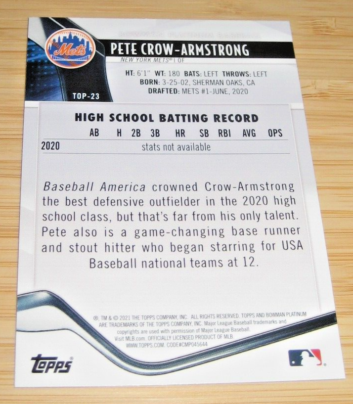 Pete Crow-Armstrong – 2020 Bowman Platinum Tops Prospects Aqua Ice - RC ...