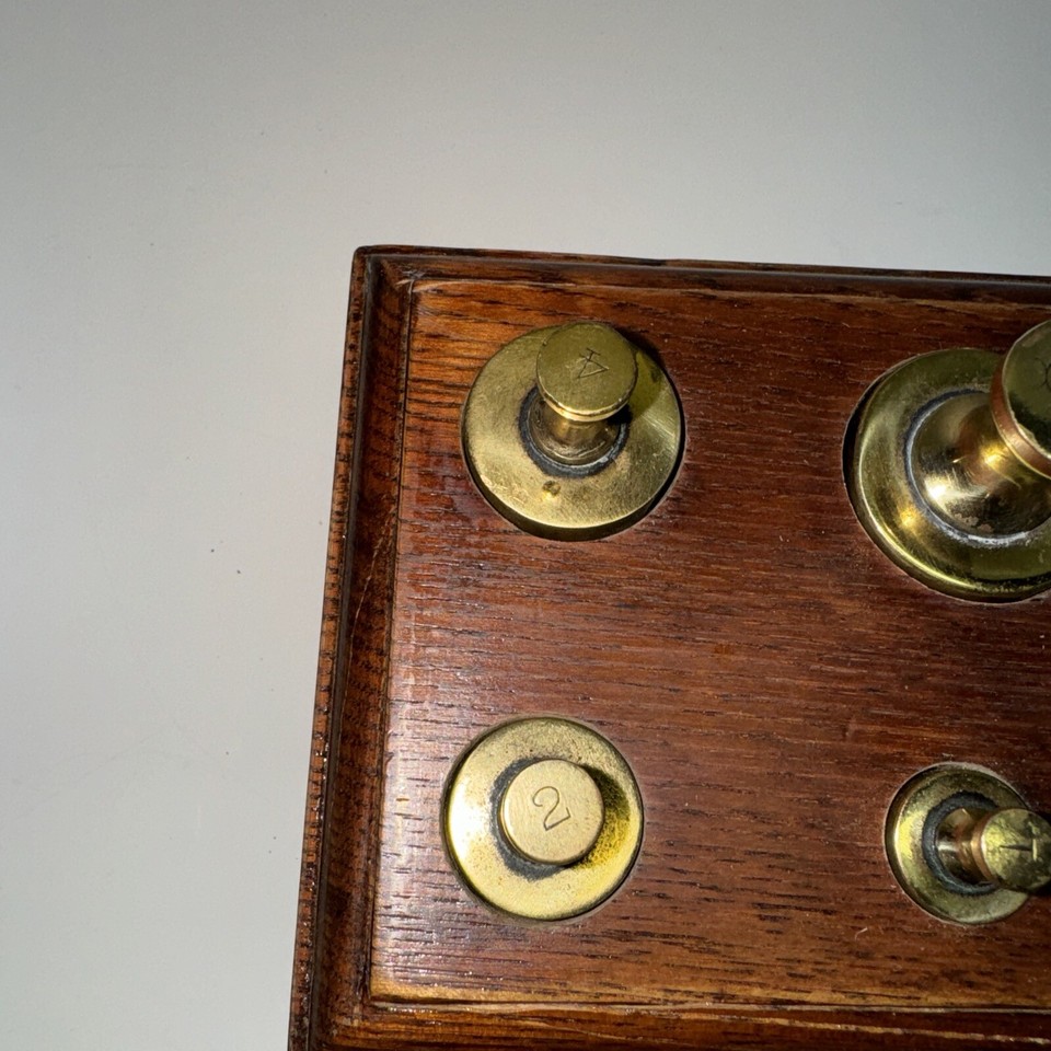 Antique Brass Weights in Wooden Block Measuring Scale Set. | eBay