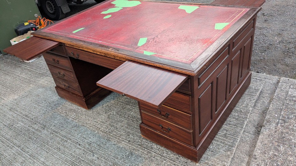 Huge reproduction pedestal partner desk quirky patched leather inset ...