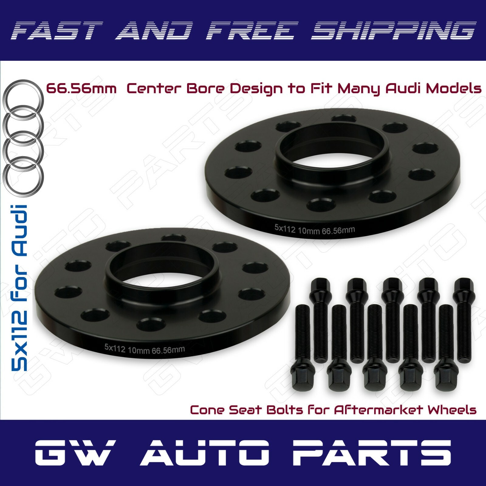 2 Black 10mm Audi 5x112 Hub Bore Wheel Spacer Kit 66.6mm Fit Q5 SQ5 W ...
