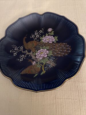 Vintage Japan Miyako Peacock Flowers Cobalt Blue Gold Trim Ceramic ...