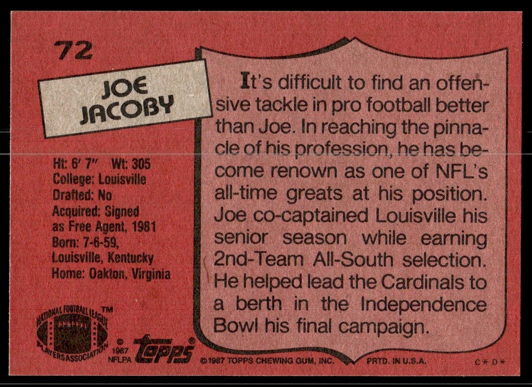 1987 Topps Joe Jacoby Washington Redskins #72 | eBay
