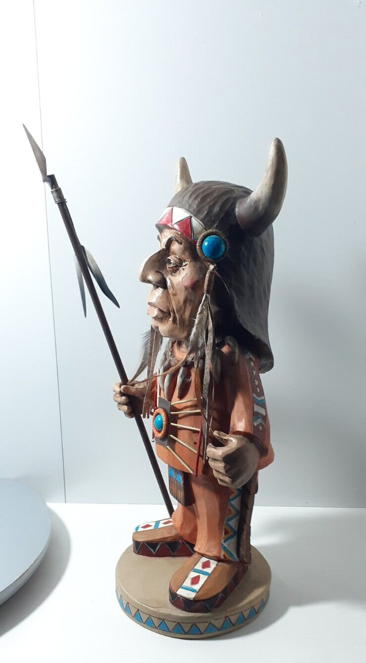 Native American Indian Statue Chief Buffalo Horn Headdress Holding ...