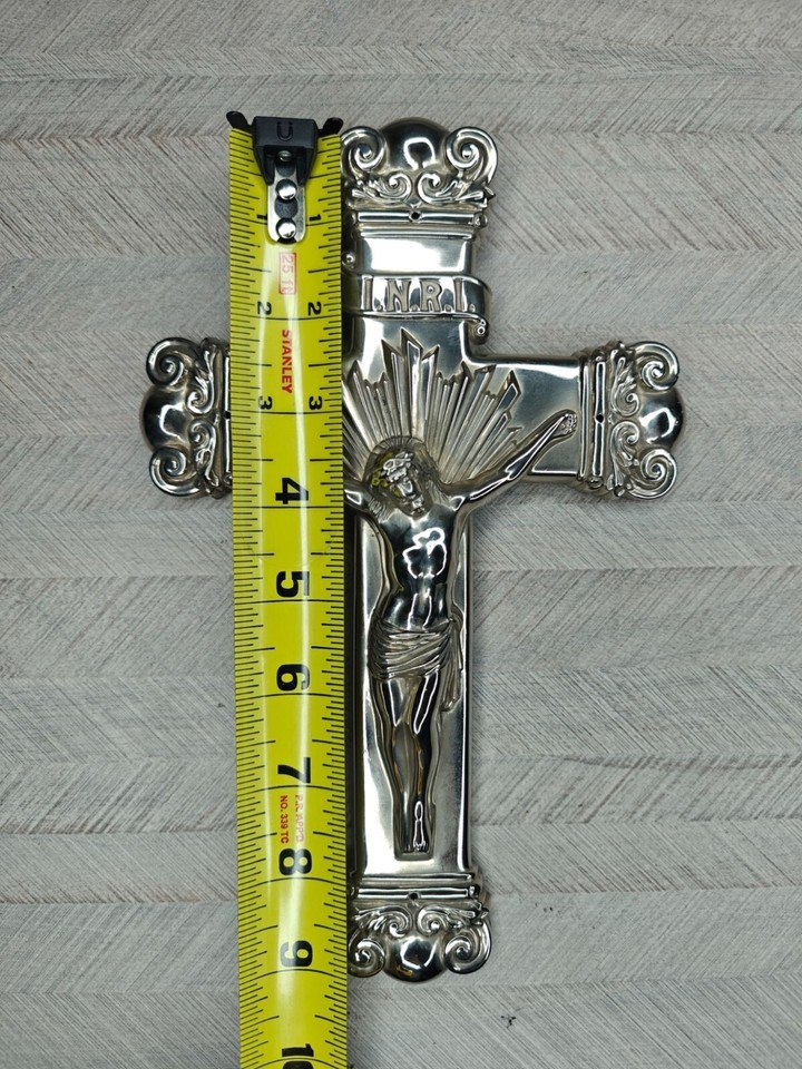 Vintage Crucifix INRI Inscription Silver Tone Heavy Metal Wall Burial ...