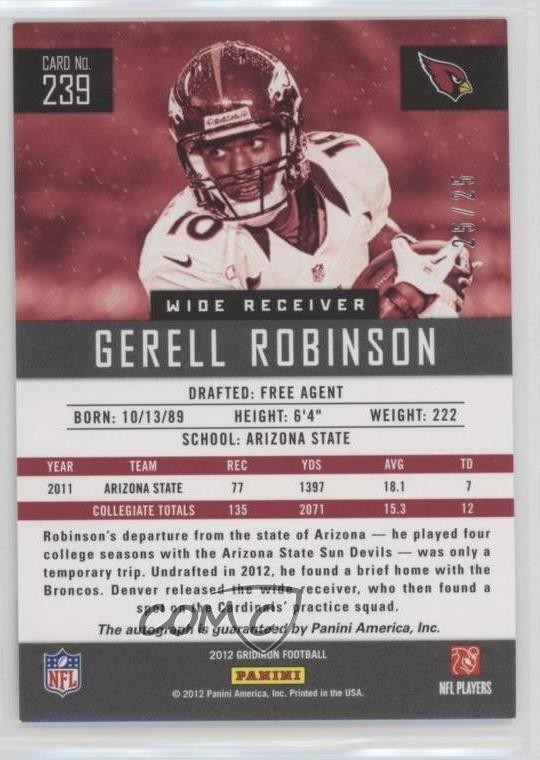 2012 Panini Gridiron O's Signatures /25 Gerell Robinson #239 Rookie ...