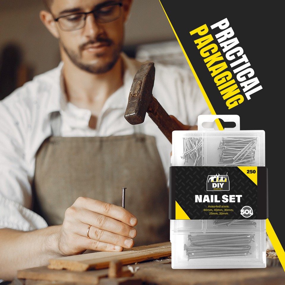 250 Assorted Flat Head Wood Nails Various DIY Carpentry Professional ...