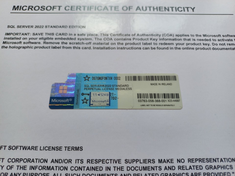Microsoft SQL Server 2022 Standard RETAIL 24 Core unlimited CAL CoA ...