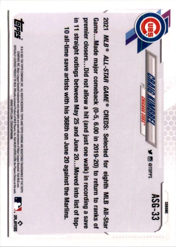 2021 Topps Chrome Refractor Craig Kimbrel Chicago Cubs #ASG-33 | eBay