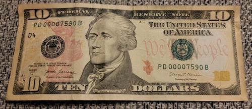 TEN Dollar Bill - 2017A Series - Circulated - Low 4 Digit Serial Number ...