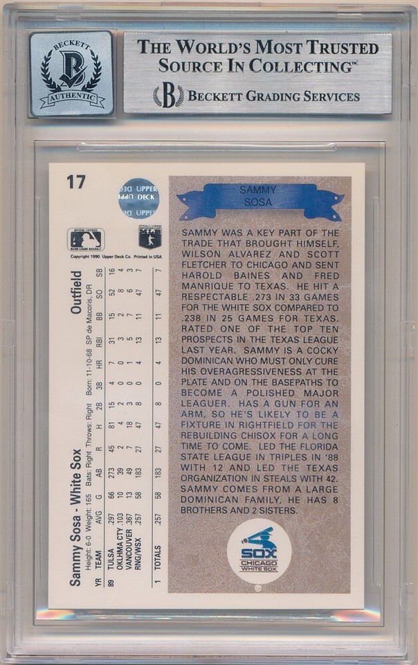 SAMMY SOSA 1990 UPPER DECK #17 RC ROOKIE SIGNED AUTOGRAPH BGS 10 ...