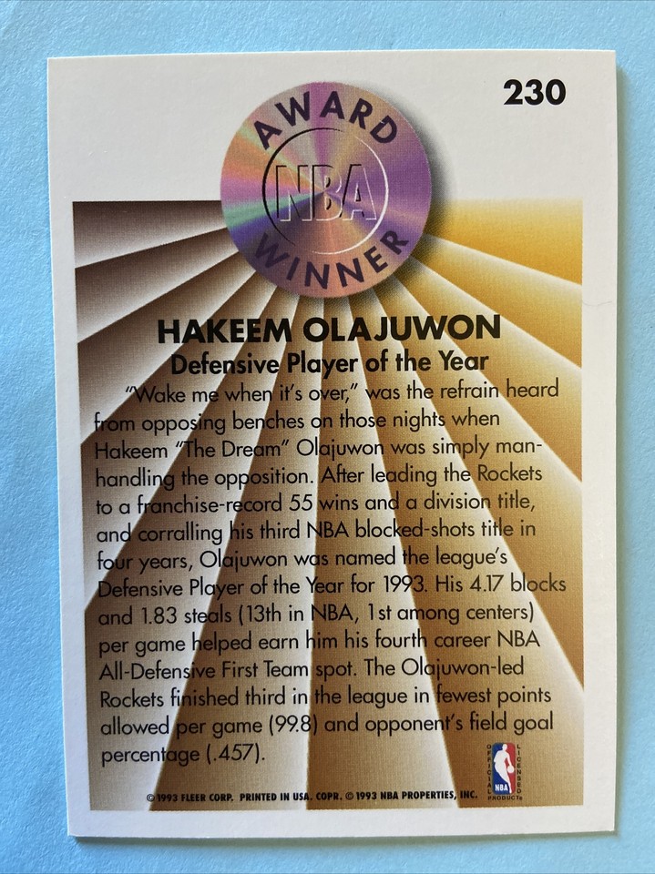 1993 Fleer Hakeem Olajuwon Award Winner Card #230 | eBay