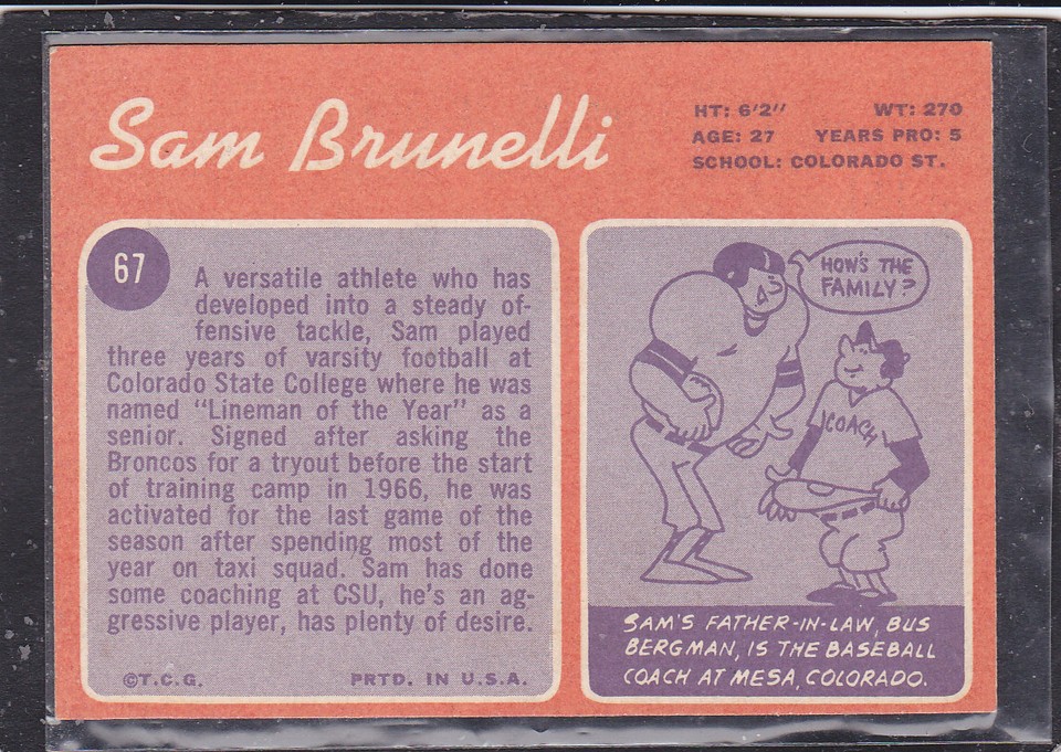 1970 SAM BRUNELLI - Topps Football Card- # 67 - Denver Broncos ...