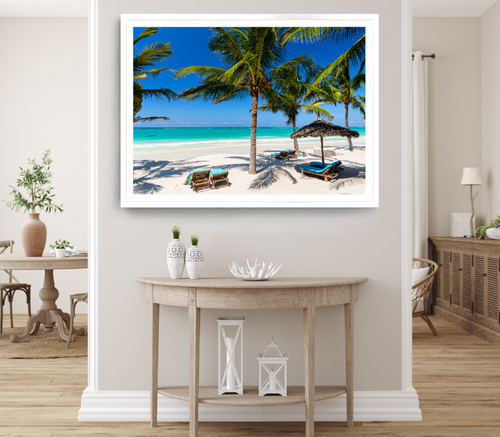 Beach Huts Print, Plam Trees Wall Art, Sea Shore Framed Beach Wall Art ...