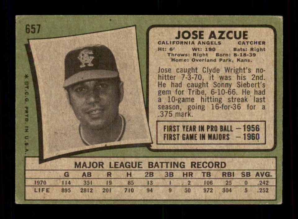 1971 Topps #657 Jose Azcue EX/EX+ X2338788 | eBay