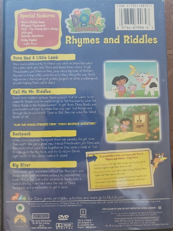 Dora the Explorer: Rhymes and Riddles DVD 2 Bonus Episodes 97368790643 ...