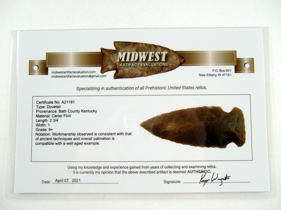 Super Fine Colorful Kentucky Carter Cave Flint Dovetail Point wt COA ...