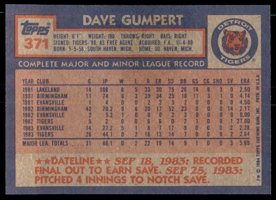 1984 Topps Cards Dave Gumpert Rookie . Detroit Tigers #371 | eBay