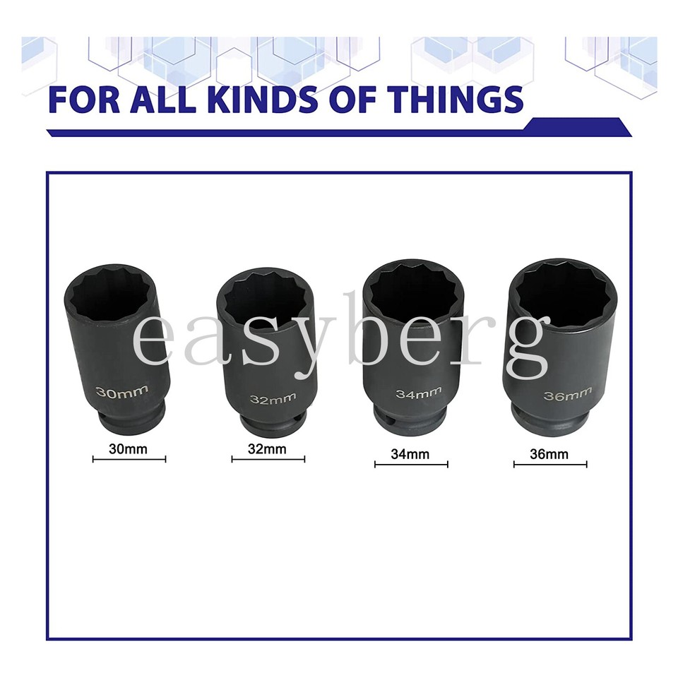 1/2" Drive Deep Spindle Axle Nut Impact Socket Set,12 Point CR-MO, 30 ...