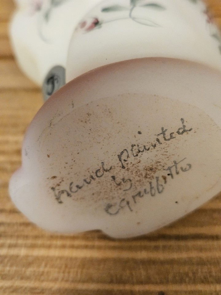 Fenton Satin Glass Hand Painted Burmese Cream With Pink Cat Signed C ...