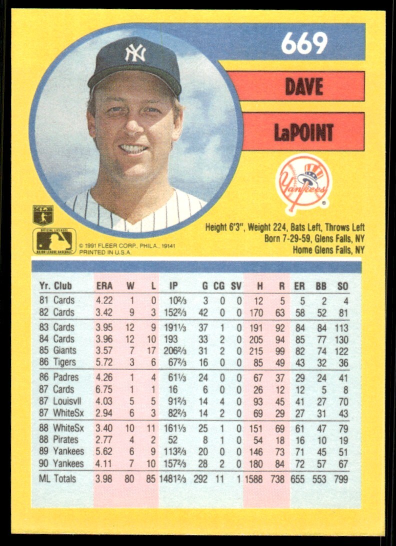 1991 Fleer Baseball Card Dave Lapoint New York Yankees #669 | eBay