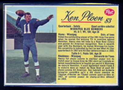 1963 POST FOOTBALL CFL #83 KEN PLOEN EX-NM Winnipeg Blue Bombers UNIV ...