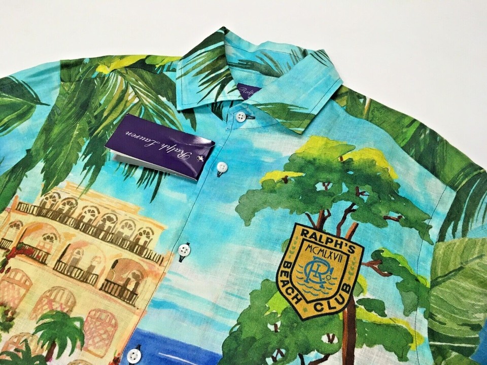 Purple Label Ralph Lauren 100% Linen Palm Tree Artwork Artist Royal ...