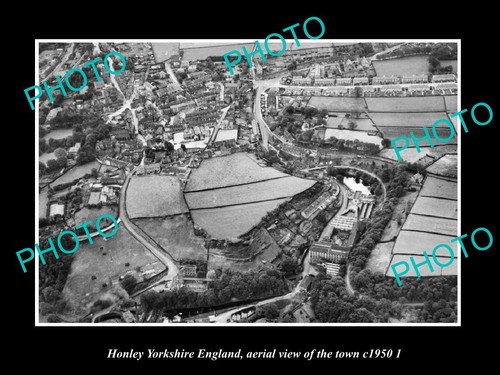 OLD POSTCARD SIZE PHOTO HONLEY YORKSHIRE ENGLAND AERIAL VIEW OF TOWN ...