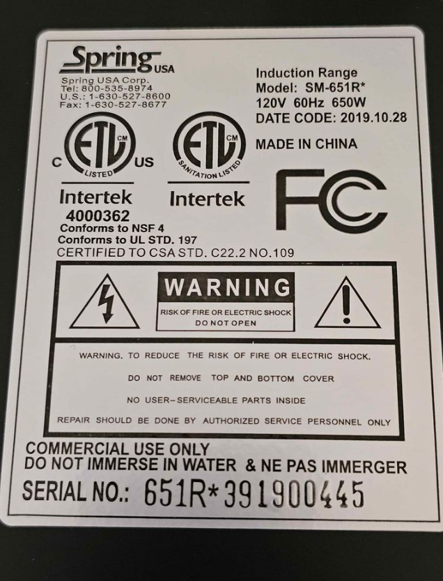 SPRING - USA SM-651R Induction Range Warmer Built-in / Drop-in 2 Units ...