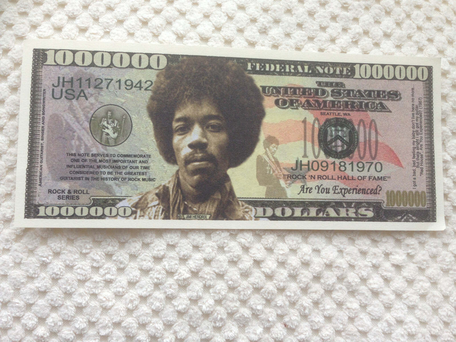 Set of Two Jimi Hendrix Million Dollar Doublesided Novelty Banknotes ...