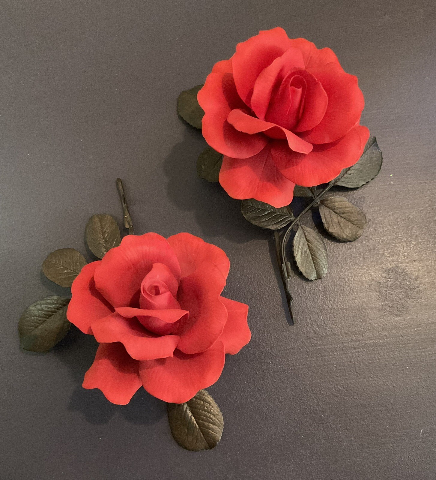 2 PORCELAIN RED ROSEs w/Cast Metal Stems [pair] made in England VTG ...