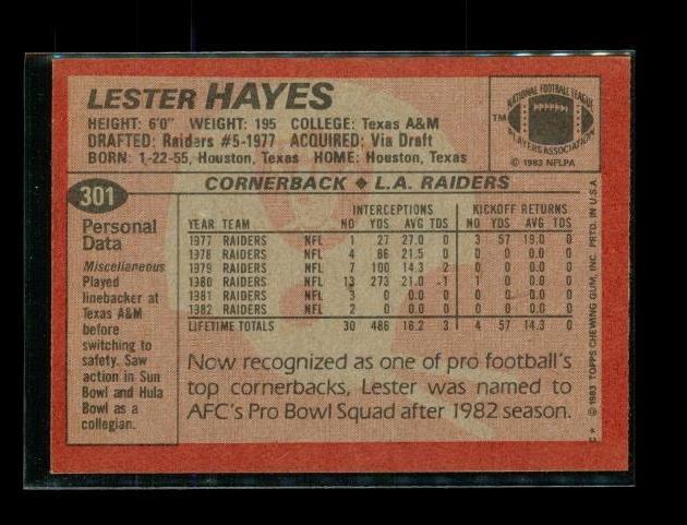 Vintage 1983 TOPPS AFC PRO BOWL Football Trading Card #301 LESTER HAYES ...