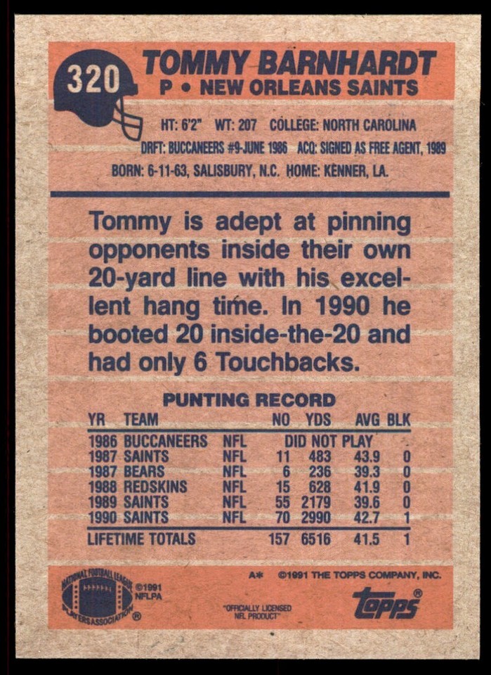 1991 Topps Tommy Barnhardt Rookie New Orleans Saints #320 | eBay