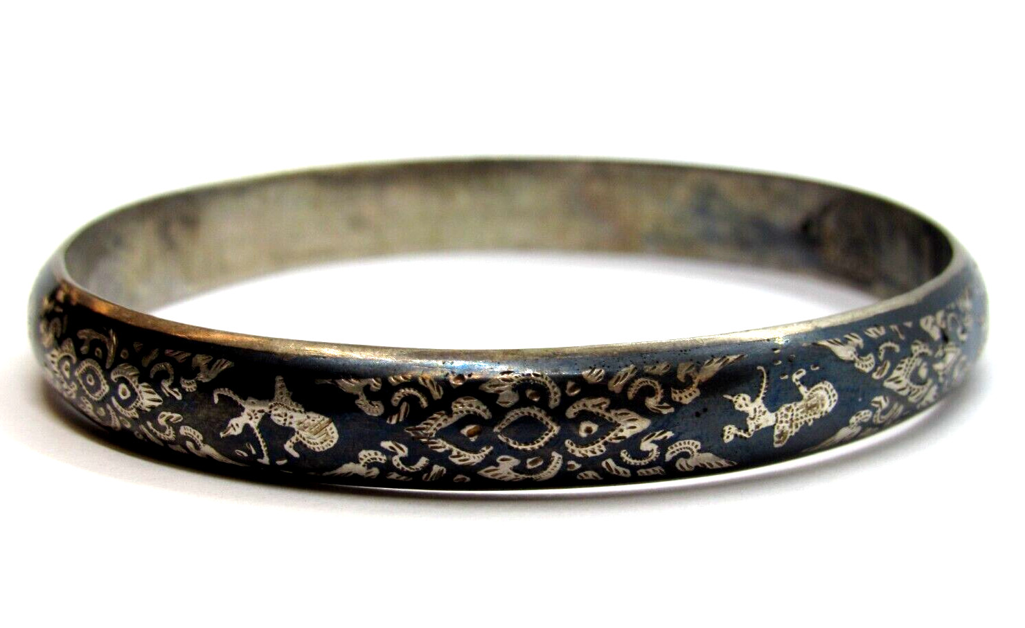 Thai Nakon Sterling Silver Thai Pattern 8.9mm Bangle … - Gem