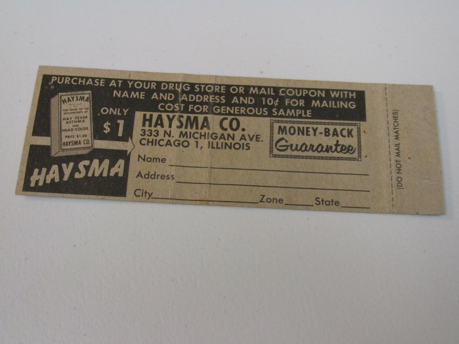 Ai140 Matchbook Cover Haysma Asthma Hay Fever capsules | eBay