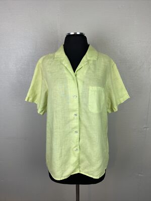 LL Bean 100% Linen Lime Green Shirt Short Sleeve Button Up Top Womens ...