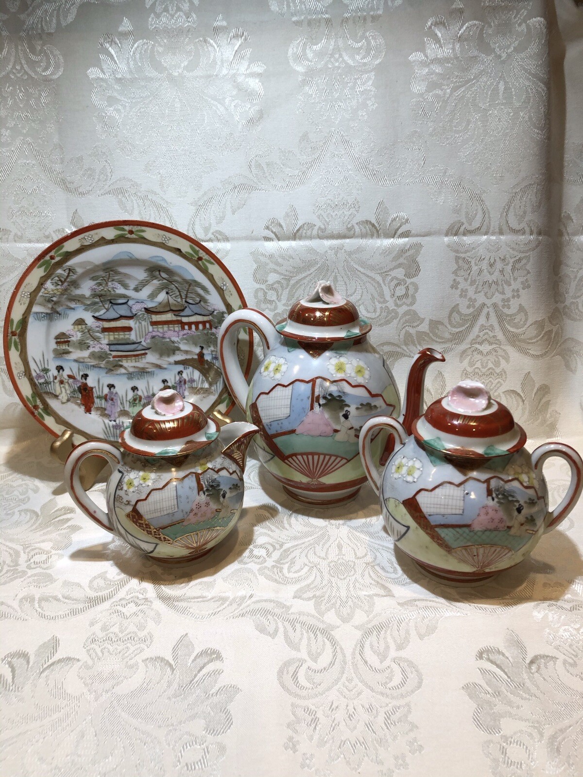 Vintage Signed Hand Painted Geisha Kutani Japanese Tea Service Set 6 ...