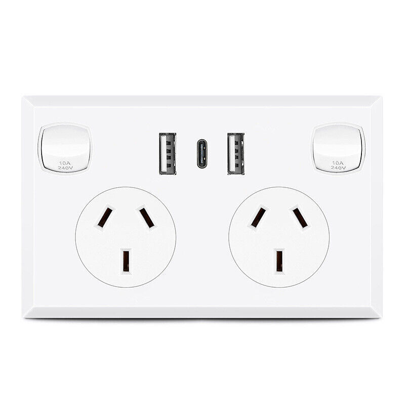 10 Amp 240V Double Power Point Socket Outlet GPO Wall Light Switch USB ...