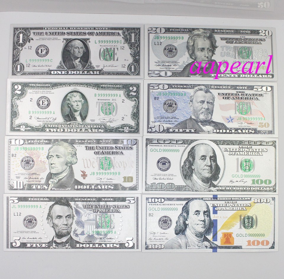 8 Pcs US $ 1-100 Dollar Crafts Banknotes Silver Color Notes Money ...