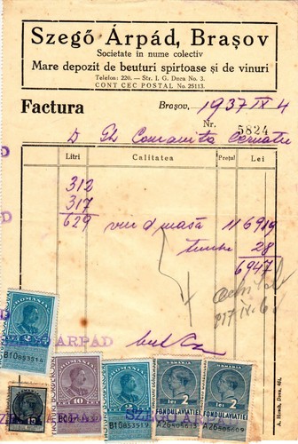 Romania, 1937, Vintage Invoice / Receipt, Brasov - Revenue / Fiscal ...