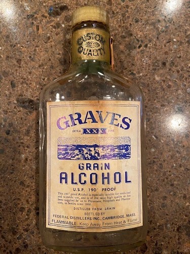 Vintage Glass Bottle w label -- GRAVES XXX grain alcohol C H GRAVES ...
